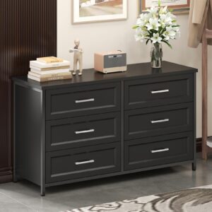 ikeno 6 drawer double dresser for bedroom, wood dressers & chest of drawers for living room, entryway, storage closet dressers with wide drawers & metal handle, black