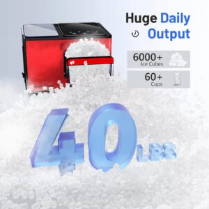 Nugget Ice Maker Countertop, 40lbs/24H, Pebble Ice Maker with Soft Chewable Ice, Self Cleaning Sonic Ice Machine, Stainless Steel w/Touch Screen, Compact Design for Home Office Bar Party- Red