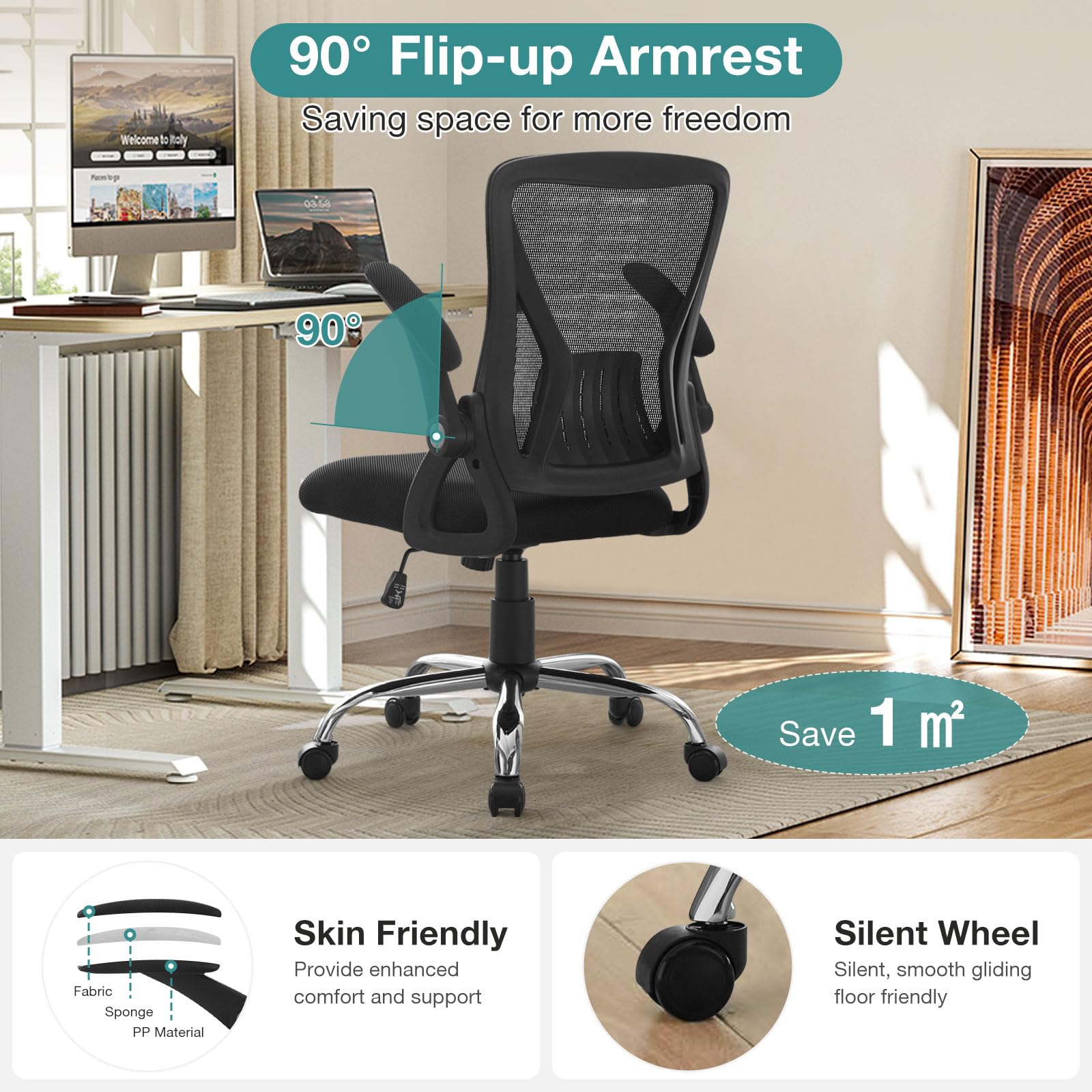 Fantasylab Ergonomic Office Desk Chair,Breathable Mesh Rolling Swivel Chair,Comfy Mid-Back Computer Chair, Sturdy and Durable Task Chair with Adjustable Flip-up Armrests for Home,Office,Bedroom