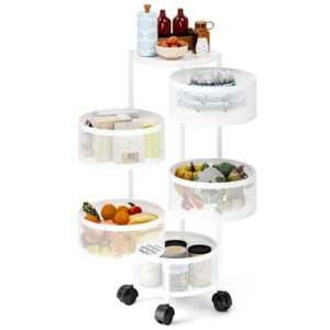 Rotating Kitchen Storage Rack No Assembly, Fruit Basket for Kitchen, Metal Storage Tower Basket Shelves Organizer on Rolling Wheels with Removal Drawers for Fruit Vegetable 5 Layers