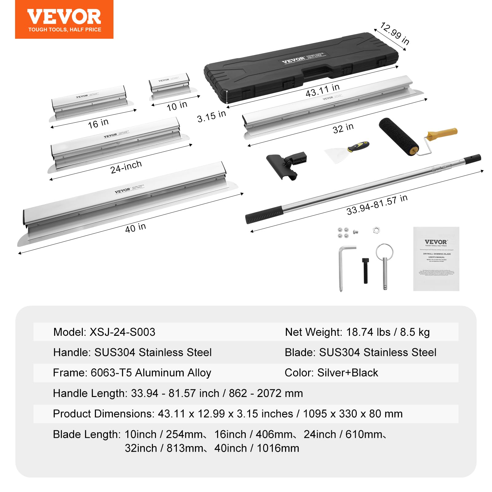 VEVOR Drywall Skimming Blade Set, 10/16/24/32/40 in Skimming Blades + 34-81.6 in Extension Handle Pole, Stainless Steel Knife Professional Skim Coat Tools, for Gyprock/WallBoard/Plasterboard