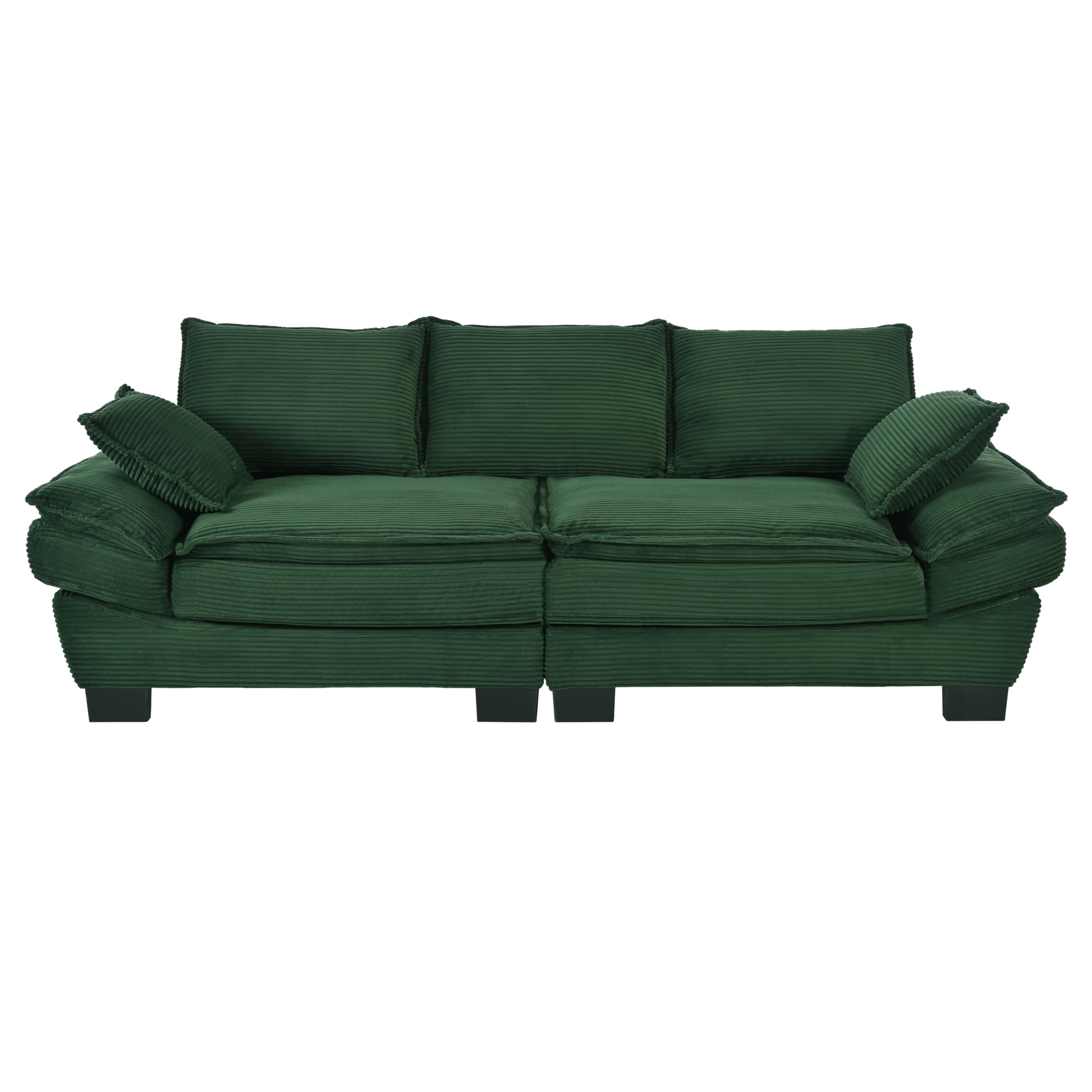 Merax 85.4" Modern Curved Corduroy Fabric Sofa, Back Upholstered Couch with 2 Decorative Throw Pillows for Living Room, Bedroom, Apartment, Dark Green