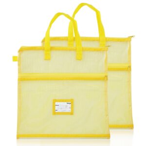 berya 16.14 x 16.14 inch sewing project bag, large double pocket craft bag organizer tote with handles, clear mesh art supply bag for quilting, knitting, embroidery projects storage (yellow-2 pack)