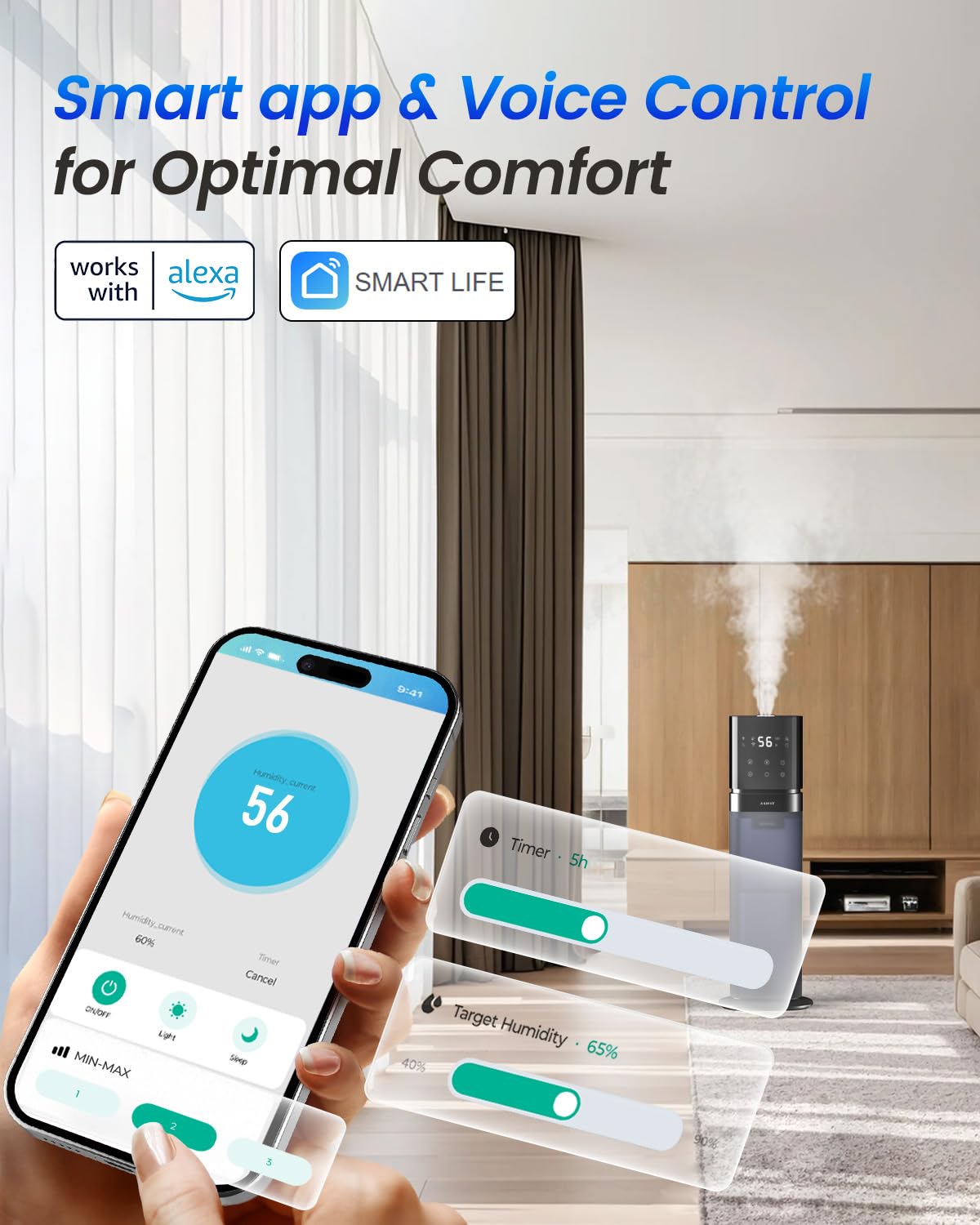 AILINKE Smart Humidifier Large Room, 2.1Gal/8L Humidifiers for Bedroom with Extended Tube&Night Light, Whole House Cool Mist Humidifiers 1000 sq.ft., WIFI App&Voice Control, School/Office/Warehouse