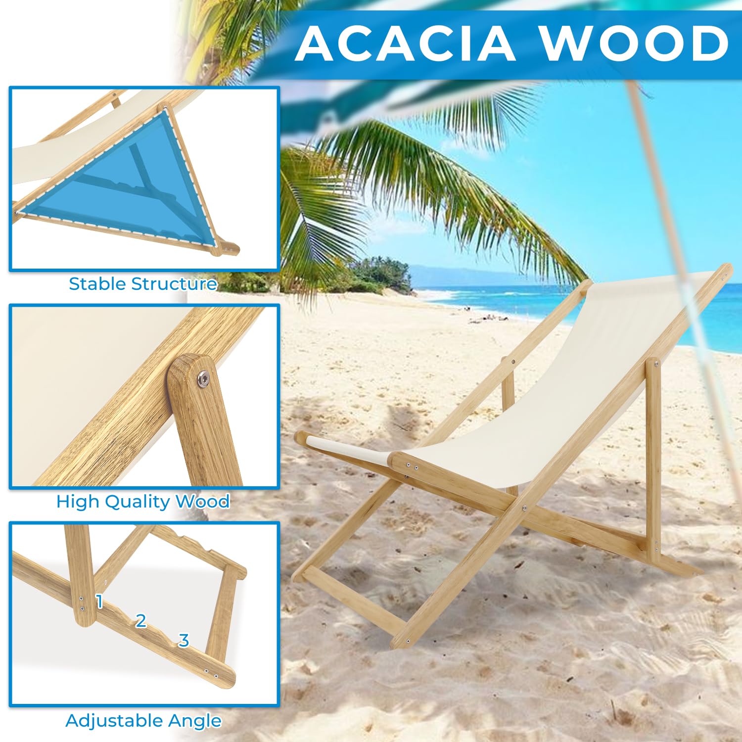 ketive Patio Lounge Chairs Set of 2 Adjustable Outdoor Wooden Sling Chairs, Made of Acacia Wood and Oxford Cloth, 250 lbs Capacity, Foldable and Easy to Carry for Patio and Indoor Use