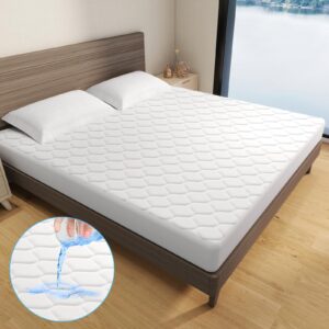 winglam-quilted fitted mattress pad (waterproof)-elastic fitted mattress protector(white)-bed cover stretches up to 18 inches with deep pocket(queen)-machine washable mattress cover-fluffy & soft