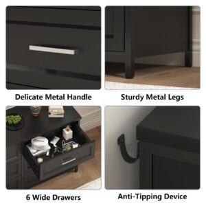 IKENO 6 Drawer Double Dresser for Bedroom, Wood Dressers & Chest of Drawers for Living Room, Entryway, Storage Closet Dressers with Wide Drawers & Metal Handle, Black