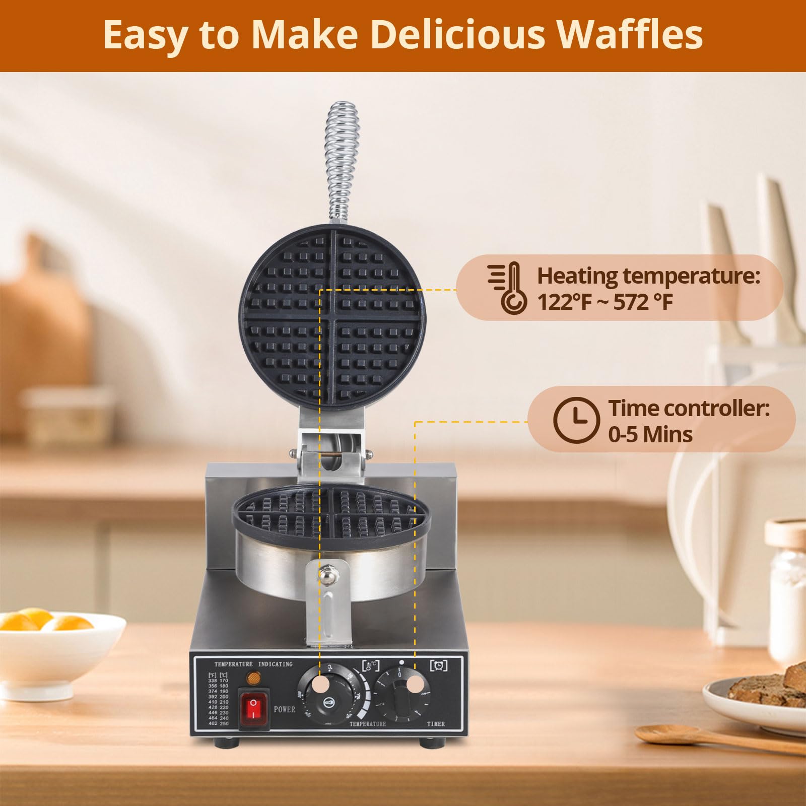 Commercial Waffle Maker, 1300W Round Waffle Iron, Non-Stick Rotatable Waffle Baker Machine, 50°C-300°C Temp Range, Stainless Steel Round Commercial Waffle Maker for Restaurant, 110V