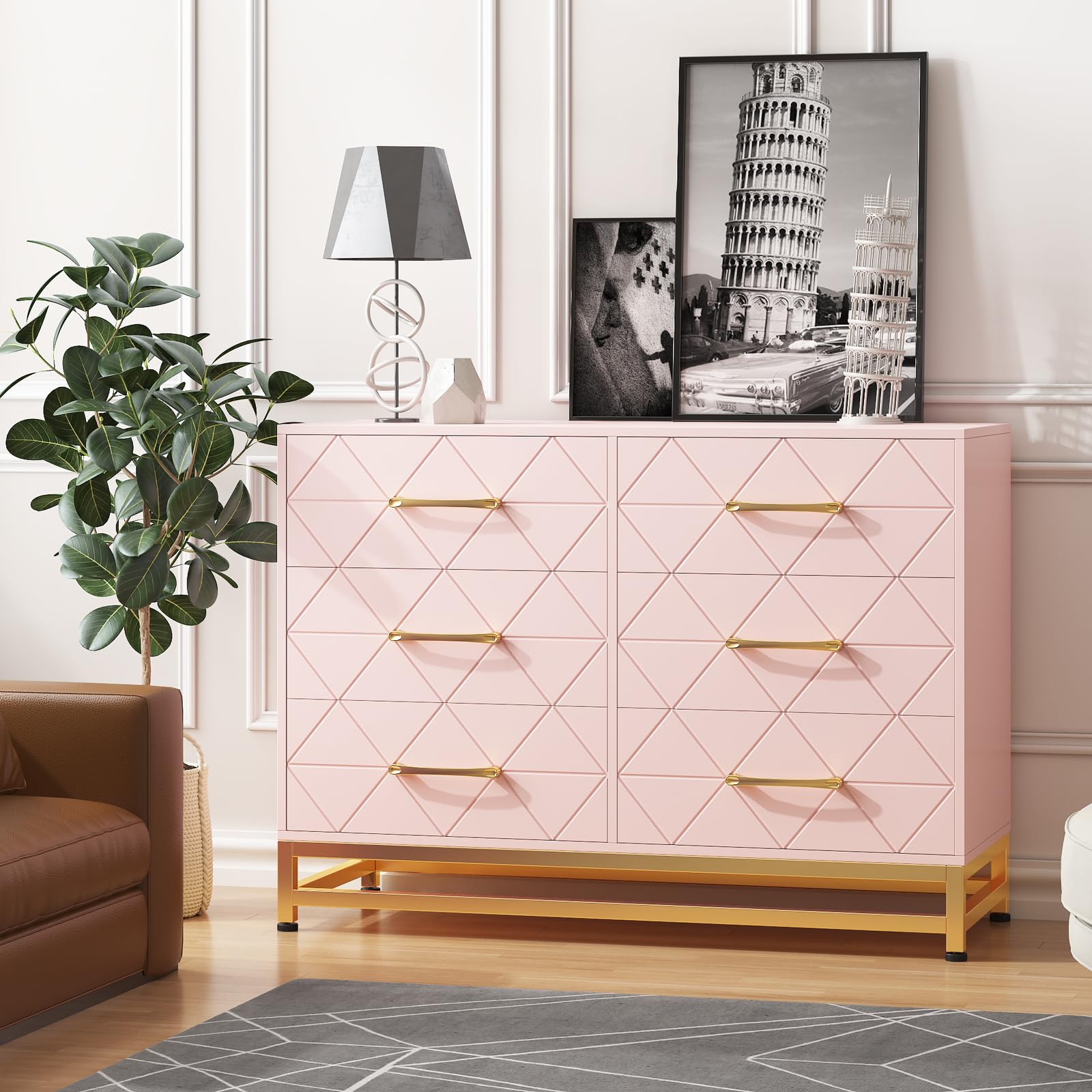 Jojoka Pink 6 Drawer Dresser, Wood Chest of Drawers for Bedroom, Morden Dresser for Closet, TV Stand, Living Room, Hallway, Nursery