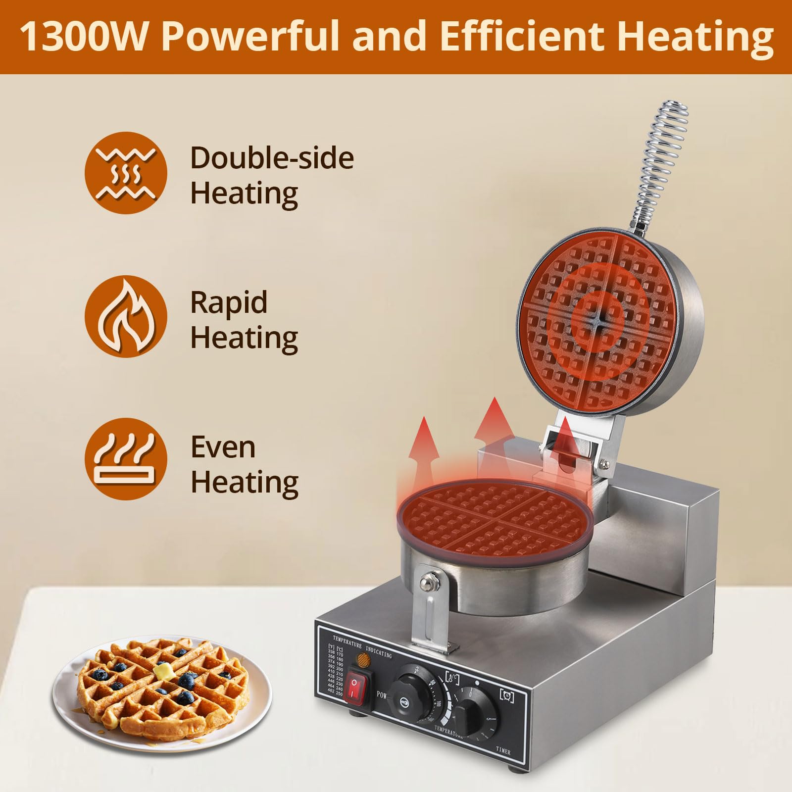 Commercial Waffle Maker, 1300W Round Waffle Iron, Non-Stick Rotatable Waffle Baker Machine, 50°C-300°C Temp Range, Stainless Steel Round Commercial Waffle Maker for Restaurant, 110V