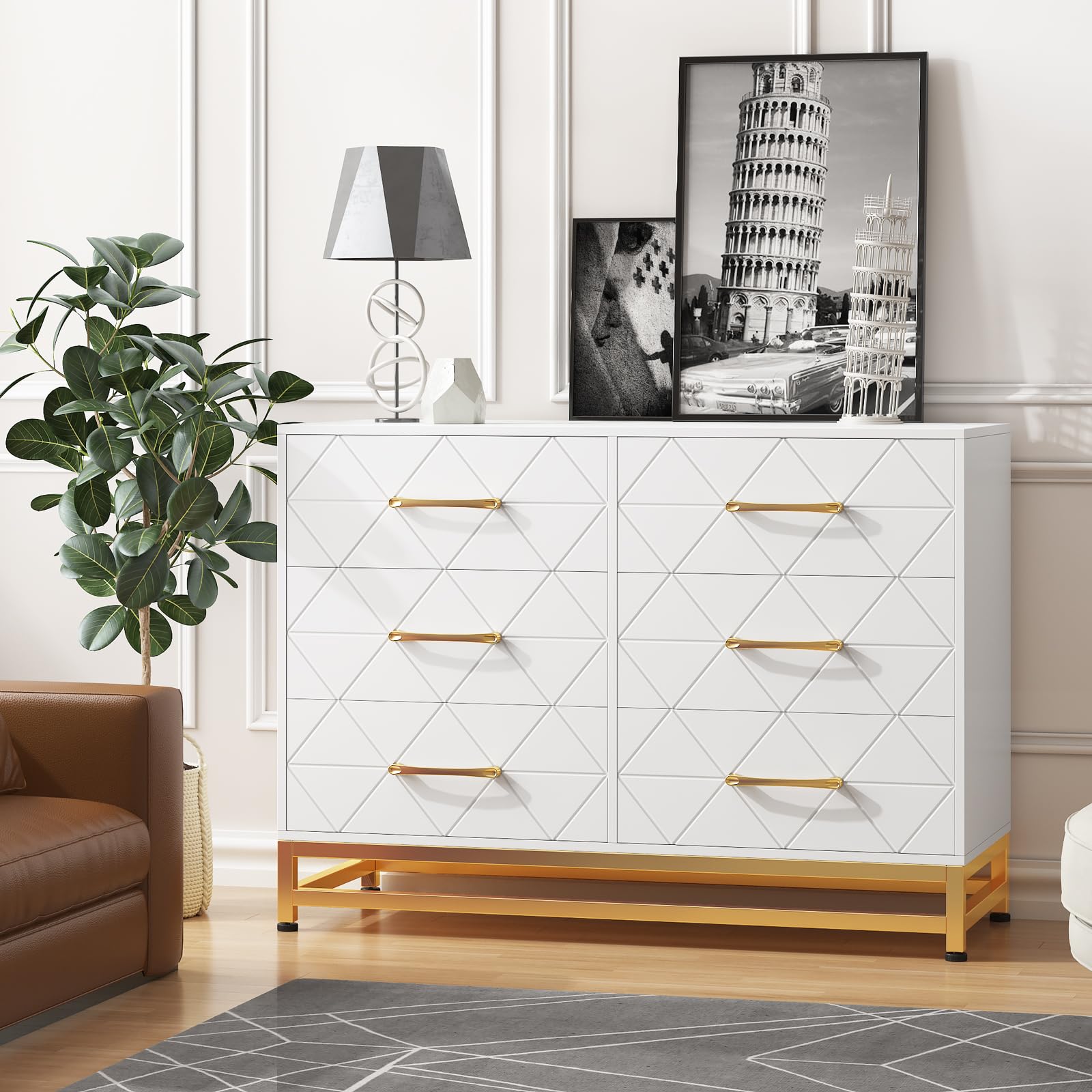 Jojoka White 6 Drawer Dresser, Wood Chest of Drawers for Bedroom, Morden Dresser for Closet, TV Stand, Living Room, Hallway, Nursery