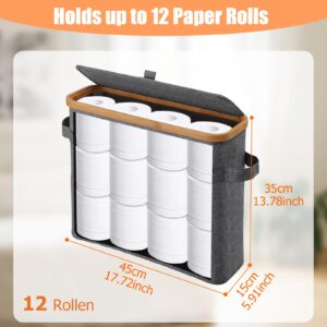 Fenteer Bamboo Toilet Paper Basket Storage with Lid and Handle, Toilet Roll Storage Box, Free Standing Toilet Paper Holder Stand for 12 Rolls, Paper Organizer for Bathroom Kitchen, Style A(Gray)