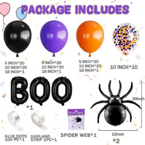 EDFHSEZ 142 PCS Halloween Balloon Garland Arch Kit,Purple Orange Black Balloons and BOO Balloons,Spider Balloons with Spider Web for Halloween Birthday Supplies Halloween Party Decorations