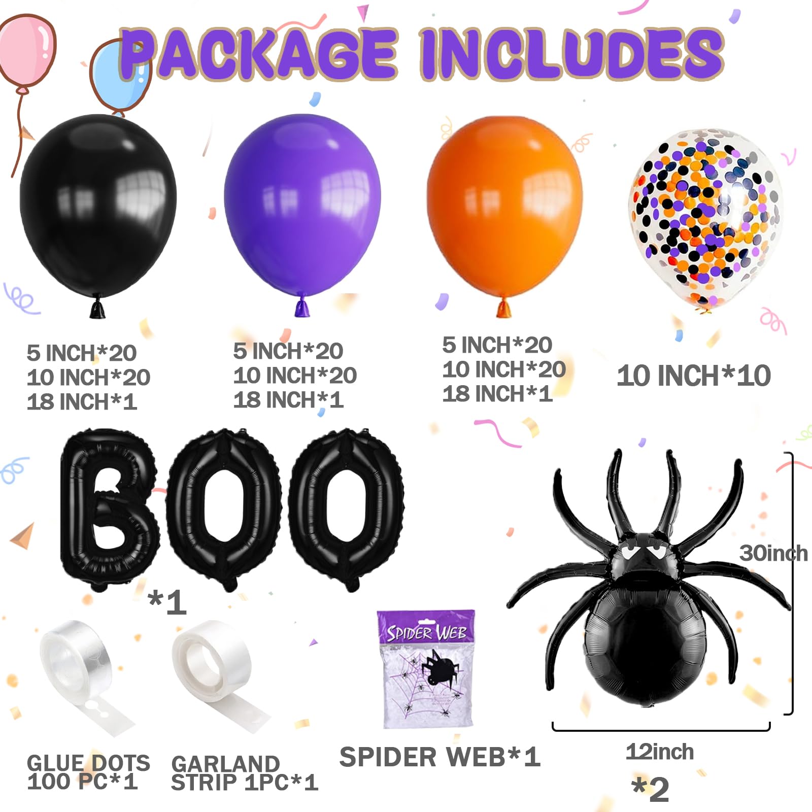 EDFHSEZ 142 PCS Halloween Balloon Garland Arch Kit,Purple Orange Black Balloons and BOO Balloons,Spider Balloons with Spider Web for Halloween Birthday Supplies Halloween Party Decorations