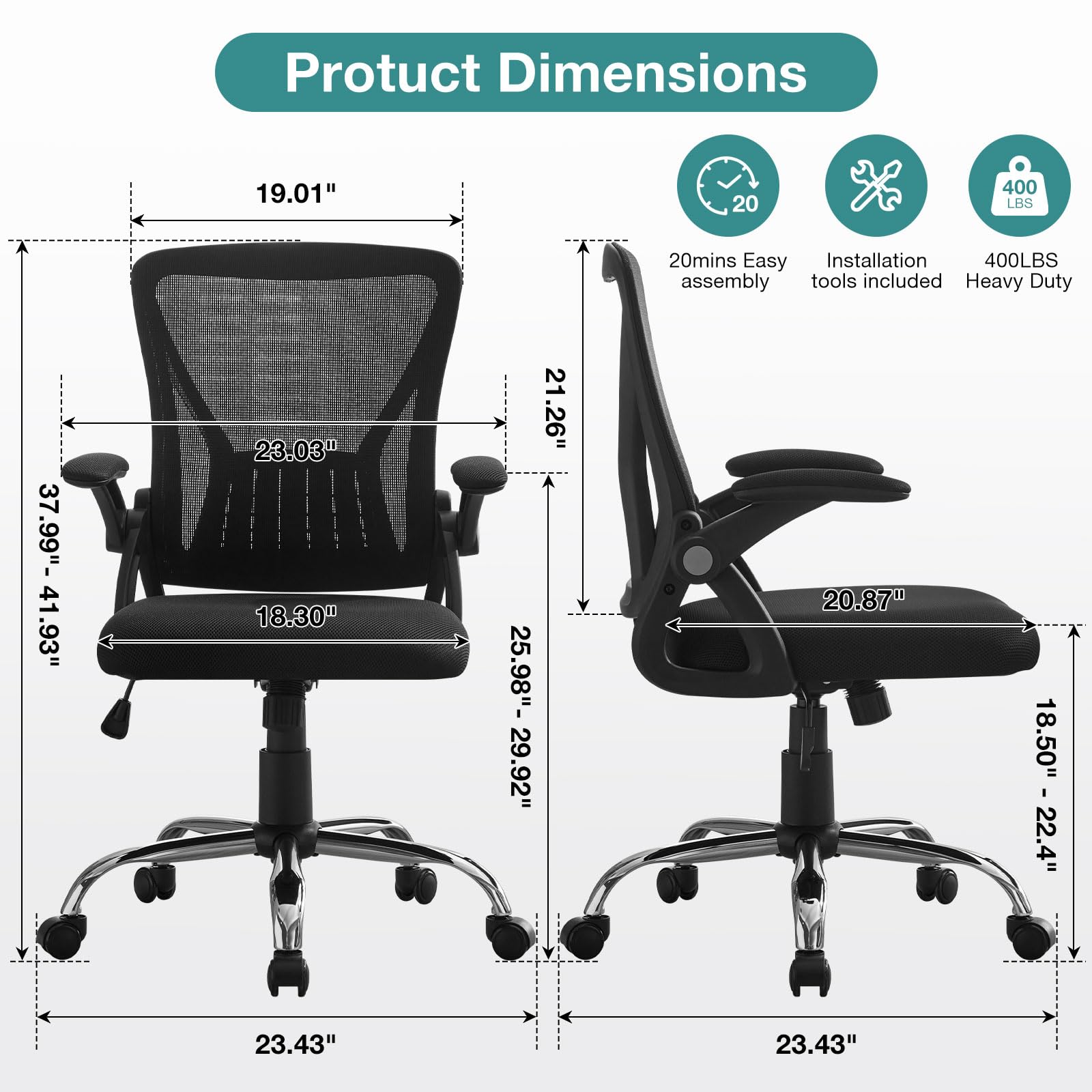 Fantasylab Ergonomic Office Desk Chair,Breathable Mesh Rolling Swivel Chair,Comfy Mid-Back Computer Chair, Sturdy and Durable Task Chair with Adjustable Flip-up Armrests for Home,Office,Bedroom