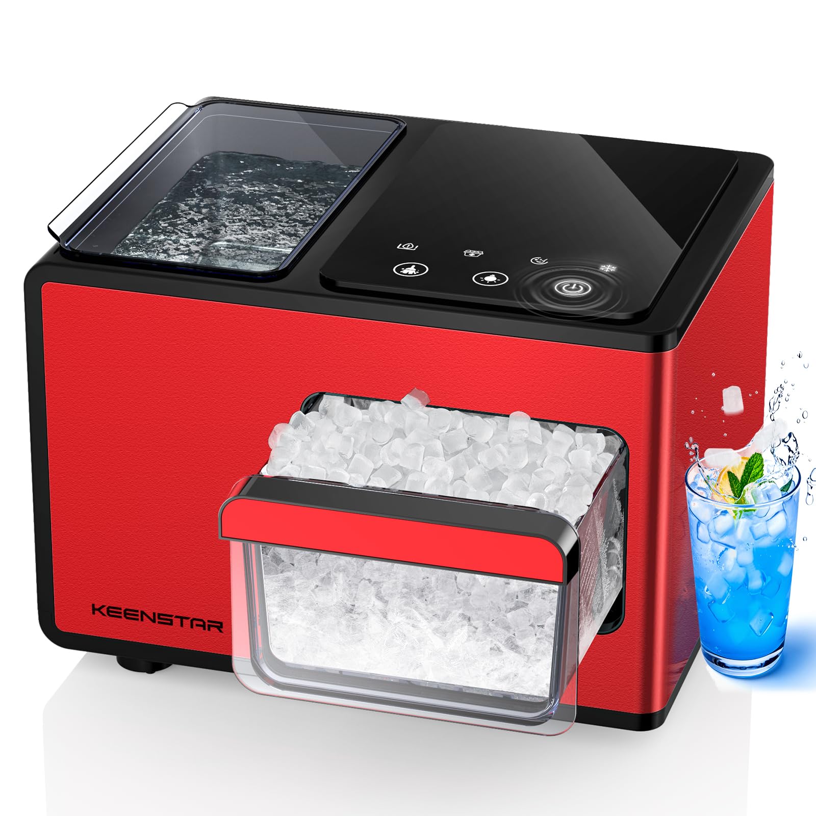 Nugget Ice Maker Countertop, 40lbs/24H, Pebble Ice Maker with Soft Chewable Ice, Self Cleaning Sonic Ice Machine, Stainless Steel w/Touch Screen, Compact Design for Home Office Bar Party- Red