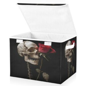 DALAWU Containers Baskets with Lids Rose Skull Fabric Foldable Storage Bins Organizer with Lid Collapsible Storage Boxes for Home Bedroom Closet Office