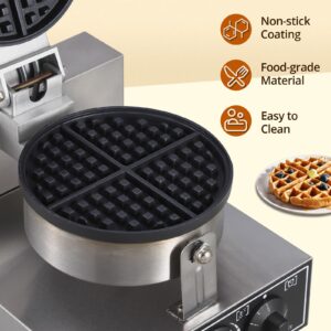 Commercial Waffle Maker, 1300W Round Waffle Iron, Non-Stick Rotatable Waffle Baker Machine, 50°C-300°C Temp Range, Stainless Steel Round Commercial Waffle Maker for Restaurant, 110V