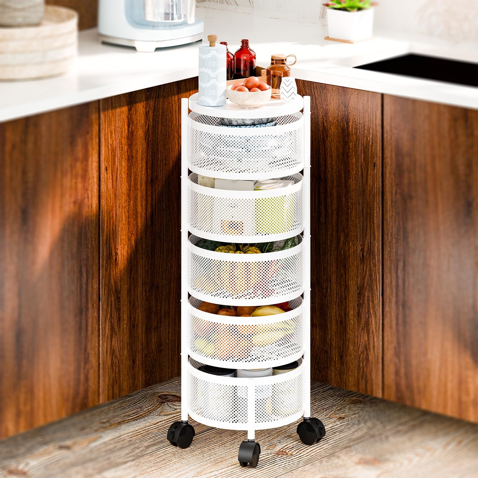 Rotating Kitchen Storage Rack No Assembly, Fruit Basket for Kitchen, Metal Storage Tower Basket Shelves Organizer on Rolling Wheels with Removal Drawers for Fruit Vegetable 5 Layers