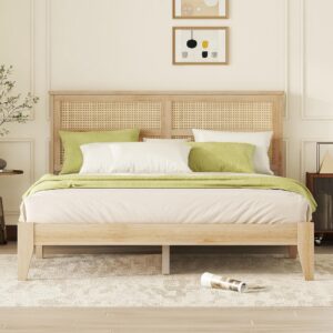 Queen Size Platform Bed with Rattan Headboard, Wood Platform Bed Frame with Support Legs, Queen Rattan Bed Frame for Bedroom, No Box Spring Needed, Easy Assembly, Natural