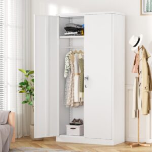 SPERTIKC Wardrobe Closet,72" Armoire Wardrobe Cabinet-Functional Clothes Storage with Hanging Rail, White Storage Cabinet, Metal Cabinet for Bedroom, Kitchen and Pantry