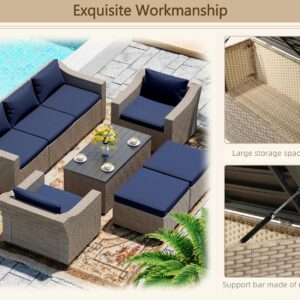 LHBcraft Patio Conversation Set Rattan Outdoor 8 Piece Sectional Furniture Sofa Set Wicker Couch with Coffee Table and Cushions for Poolside, Backyard