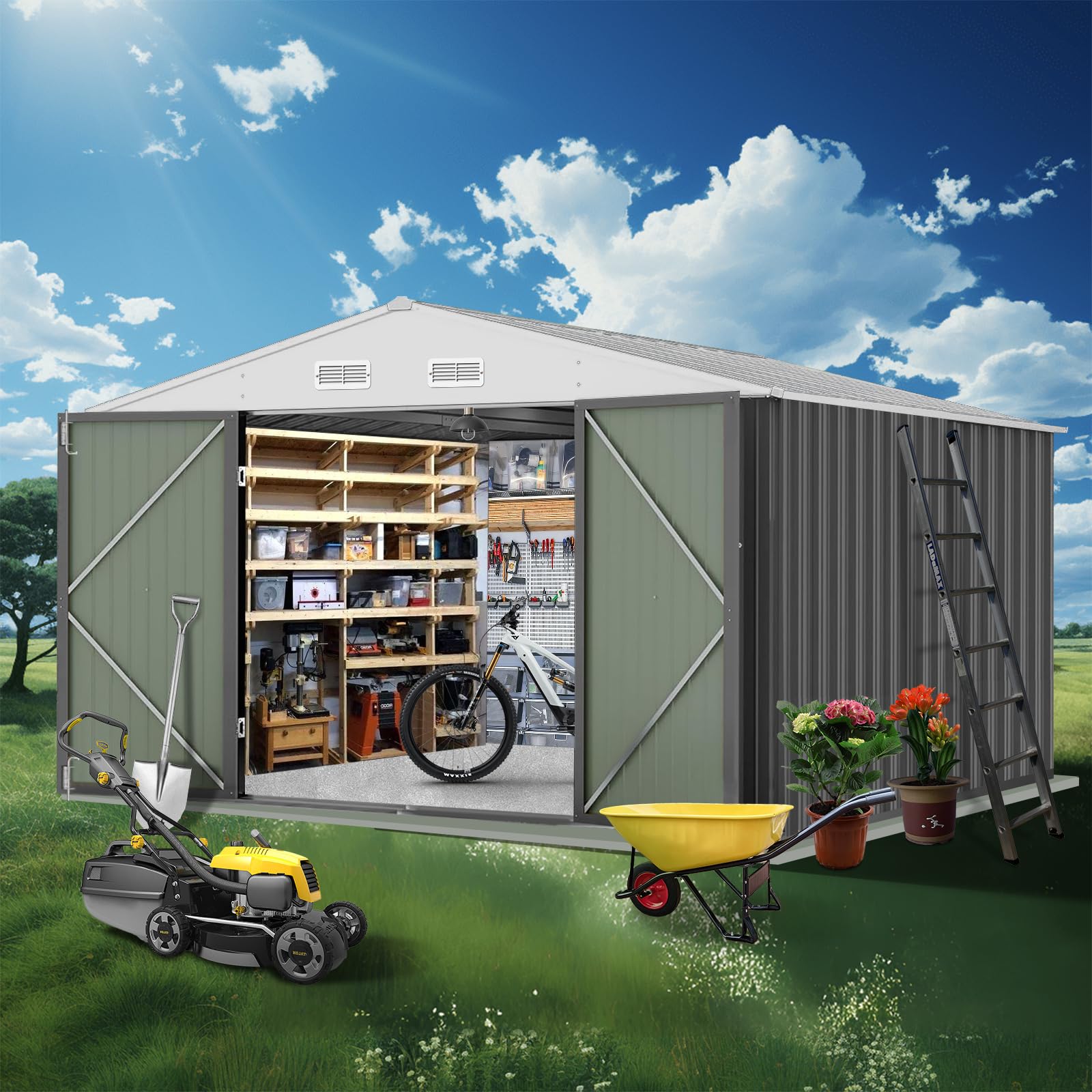 Zstar 12 x 10 FT Outdoor Storage Shed with Singe Lockable Door, Large Metal Tool Sheds with Sloping Roof & Frame Structure, Waterproof Metal Garden Sheds for Backyard, Patio, Outside Use, Gery