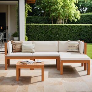 Flamaker Outdoor Sectional Couch Patio Sectional Sofa with Acacia Wood Table,5 Pieces Outdoor L-Shaped Couch with Soft Cushion for Patio,Garden,Backyard(White)