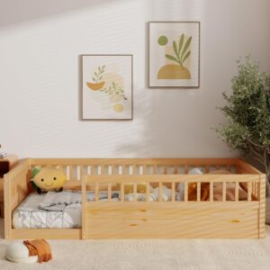 Favfurish Twin Size Montessori Floor Bed, Solid Wood Playhouse Bedframe with Safety High Fence for Kids, Girls, Boys, Bedroom, Playroom, Easy Assembly & No Box Spring Needed, Natural