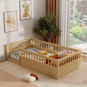 favfurish twin size montessori floor bed, solid wood playhouse bedframe with safety high fence for kids, girls, boys, bedroom, playroom, easy assembly & no box spring needed, natural