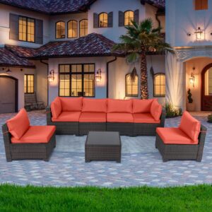 LEVELEVE 7 Pieces Outdoor Patio Furniture Sets,Rattan Conversation Sectional Set,Manual Weaving Wicker Patio Sofa with Tea Table