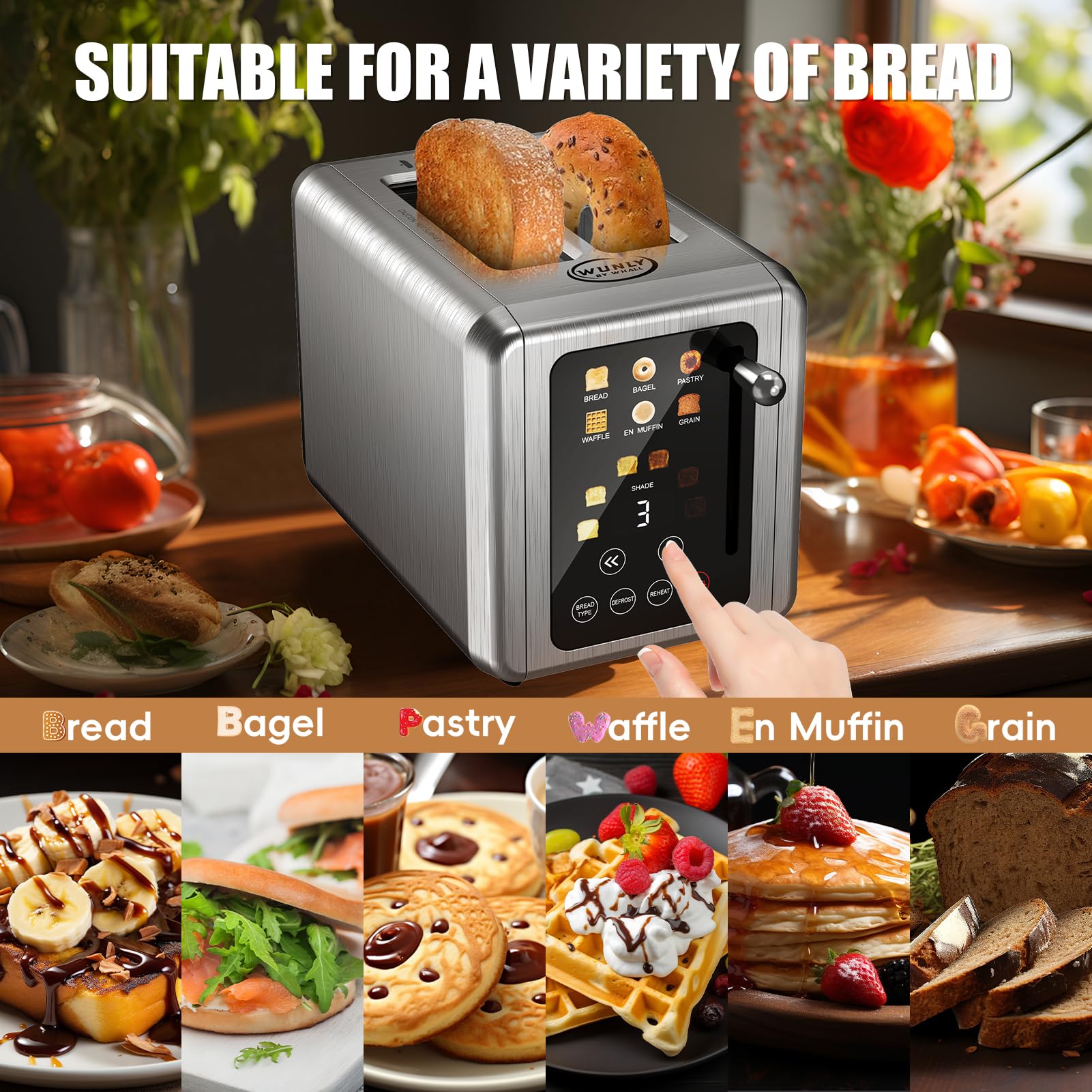 Touch screen Toaster slice, Stainless Steel Digital Timer Toaster with Sound Function, 6 Bread Types & 6 Shade Settings, Smart Extra Wide Slots Toaster with Bagel, Defrost Functions (silver, 2)