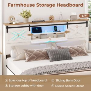 Hasuit Farmhouse Bed Frame King Size with LED Lights and Charging Station, Wooden King Bed with 2 Storage Drawers, Rustic Headboard with Sliding Barn Door Storage Cabinets, White