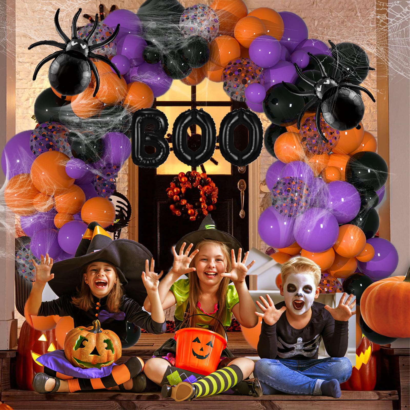 EDFHSEZ 142 PCS Halloween Balloon Garland Arch Kit,Purple Orange Black Balloons and BOO Balloons,Spider Balloons with Spider Web for Halloween Birthday Supplies Halloween Party Decorations