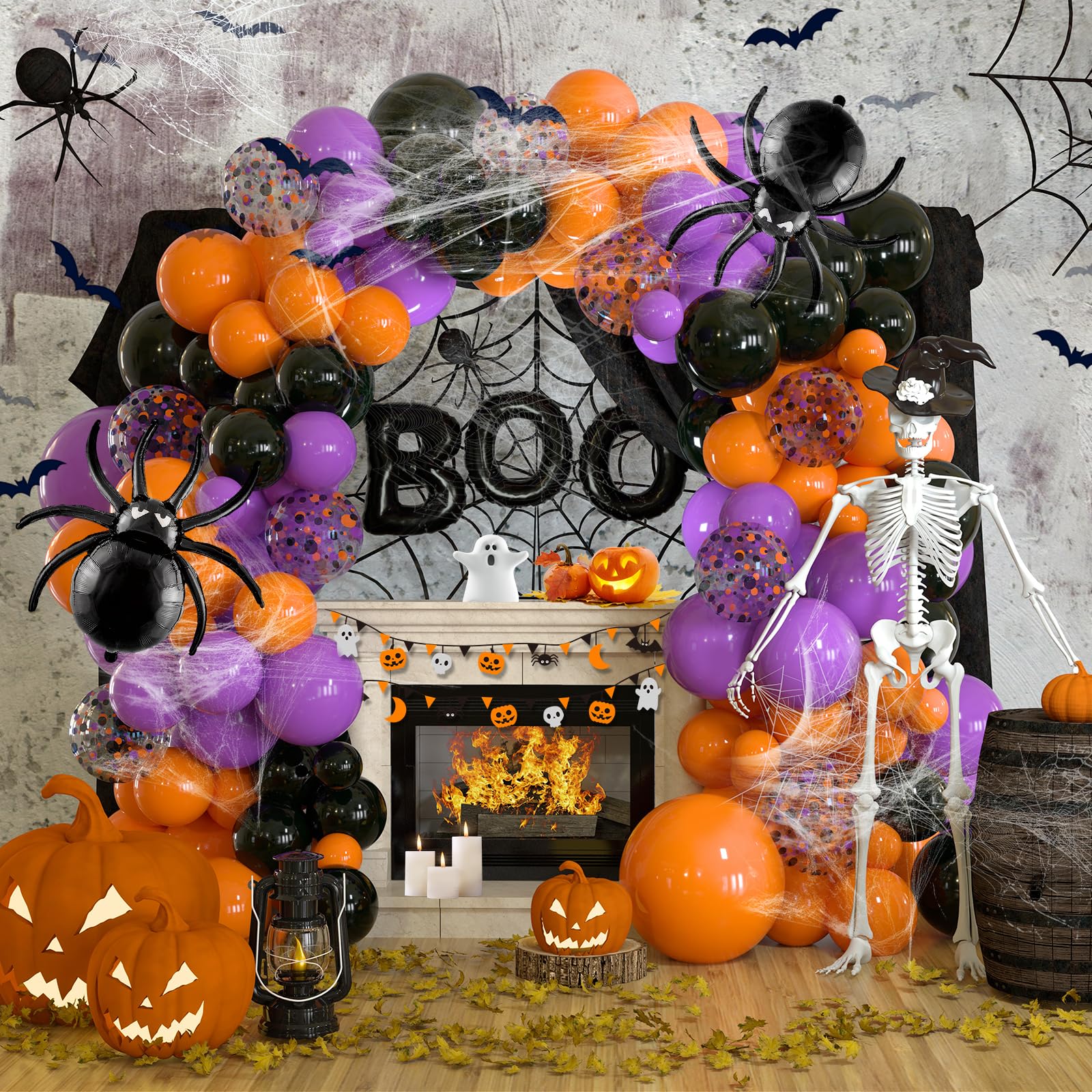 EDFHSEZ 142 PCS Halloween Balloon Garland Arch Kit,Purple Orange Black Balloons and BOO Balloons,Spider Balloons with Spider Web for Halloween Birthday Supplies Halloween Party Decorations