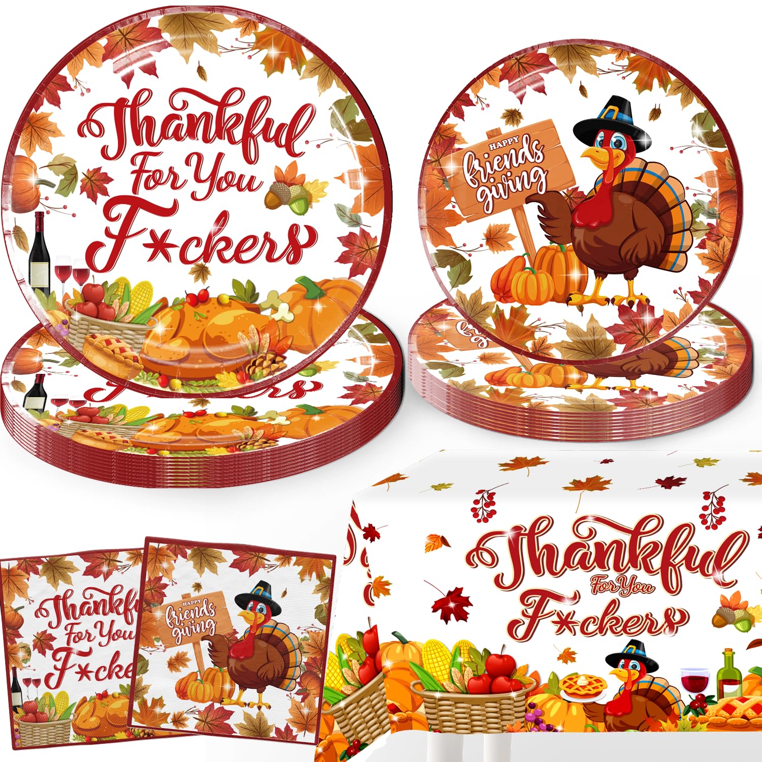 Thanksgiving Paper Plates and Napkins, Friendsgiving Party Decorations Plates Napkins Tablecloth Serving 25 Guests Thankful for You Funny Thanksgiving Friendsgiving Party Supplies Table Decorations