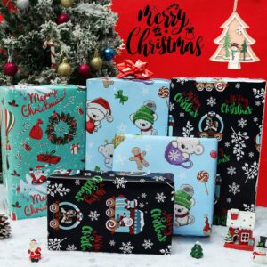 BOLIANNE Christmas Wrapping Paper for Kids Boys Girls - Funny Xmas Holiday Gift Wrap with Santa, Polar Bears, Horses for New Year Party - 6 Large Sheets, 27 x 37 Inch, High Gloss