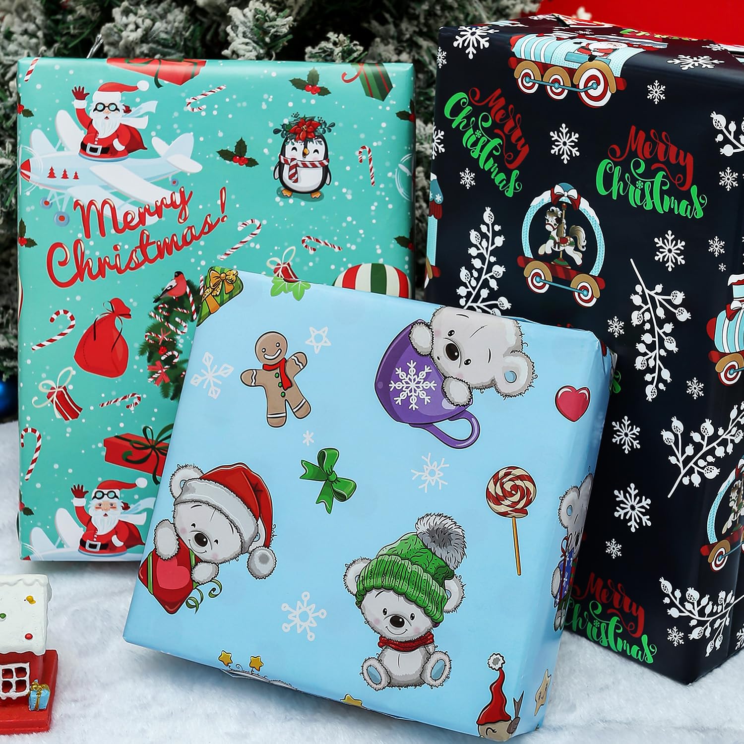 BOLIANNE Christmas Wrapping Paper for Kids Boys Girls - Funny Xmas Holiday Gift Wrap with Santa, Polar Bears, Horses for New Year Party - 6 Large Sheets, 27 x 37 Inch, High Gloss