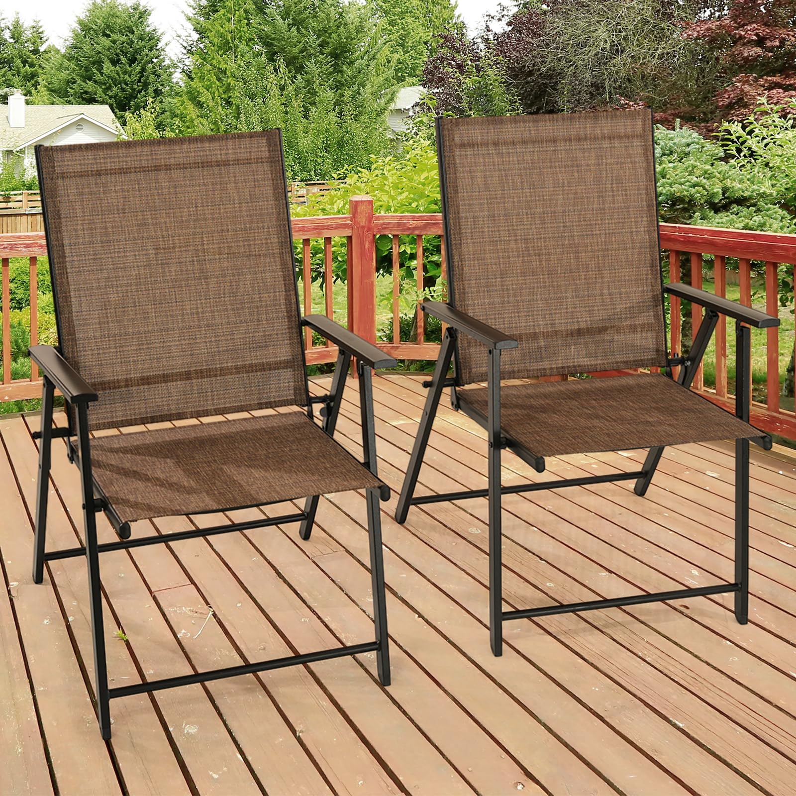 JRBIAOGE Patio Folding Chairs Set of 2, Outdoor Lawn Chairs with Rustproof Metal Frame, Portable Dining Chairs for Porch, Deck, Garden, Backyard, Camping（Brown）