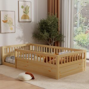 vpxta twin size toddler floor bed frame for kids，montessori bed with high fence railings，wood playhouse bed with rails (natural, twin)