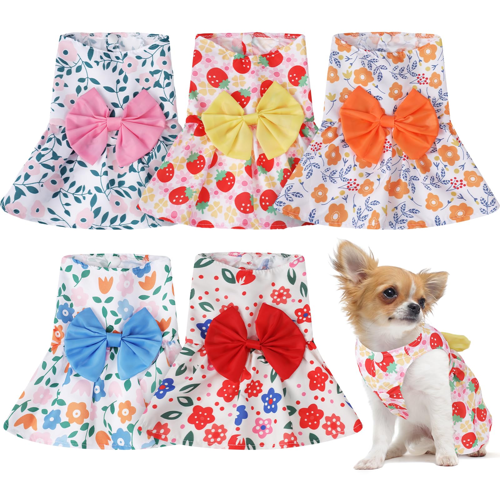 5 Pieces Dog Dresses for Small Dogs Girls Floral Puppy Dresses Pet Dog Princess Bowknot Dress Cute Doggie Summer Outfits Dog Clothes for Yorkie Female Cat Small Pets, 5 Styles (Fresh Style,Small)