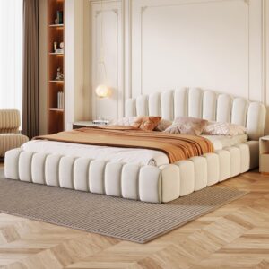 Merax Queen Size Floor Platform Bed Frame,Velvet Upholstered Bedframe with Shell-Shaped Headboard and Cushioning All Around Guards for Bedroom,No Box Spring Needed,Beige