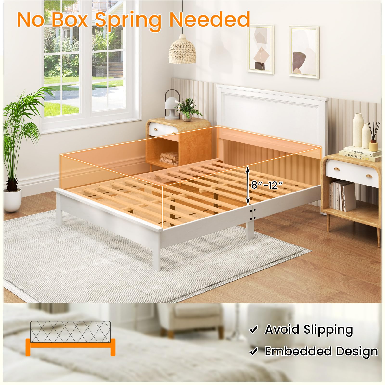 KOMFOTT Full Size Wood Platform Bed Frame with Headboard, Wooden Mid Century Platform Bed with Slat Support & Under Bed Storage, Mattress Foundation Bed Base, No Box Spring Needed, White