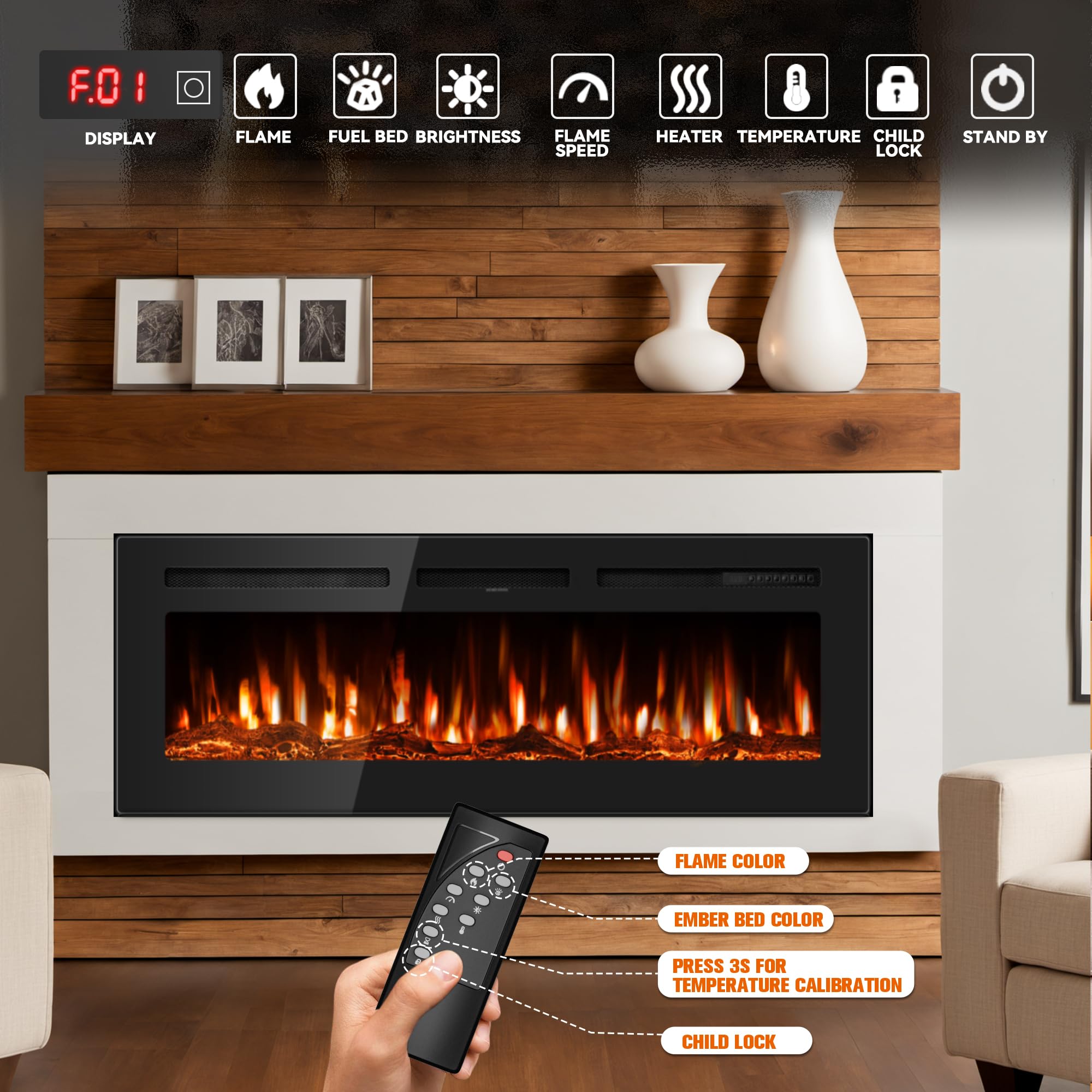 Manastin 60 Inch Electric Fireplace in-Wall Recessed and Wall Mounted with Remote Control, 750W/1500W Thin Wall Fireplace Heater(60-99°F Thermostat) with 12 Adjustable Color, Timer and Log Set