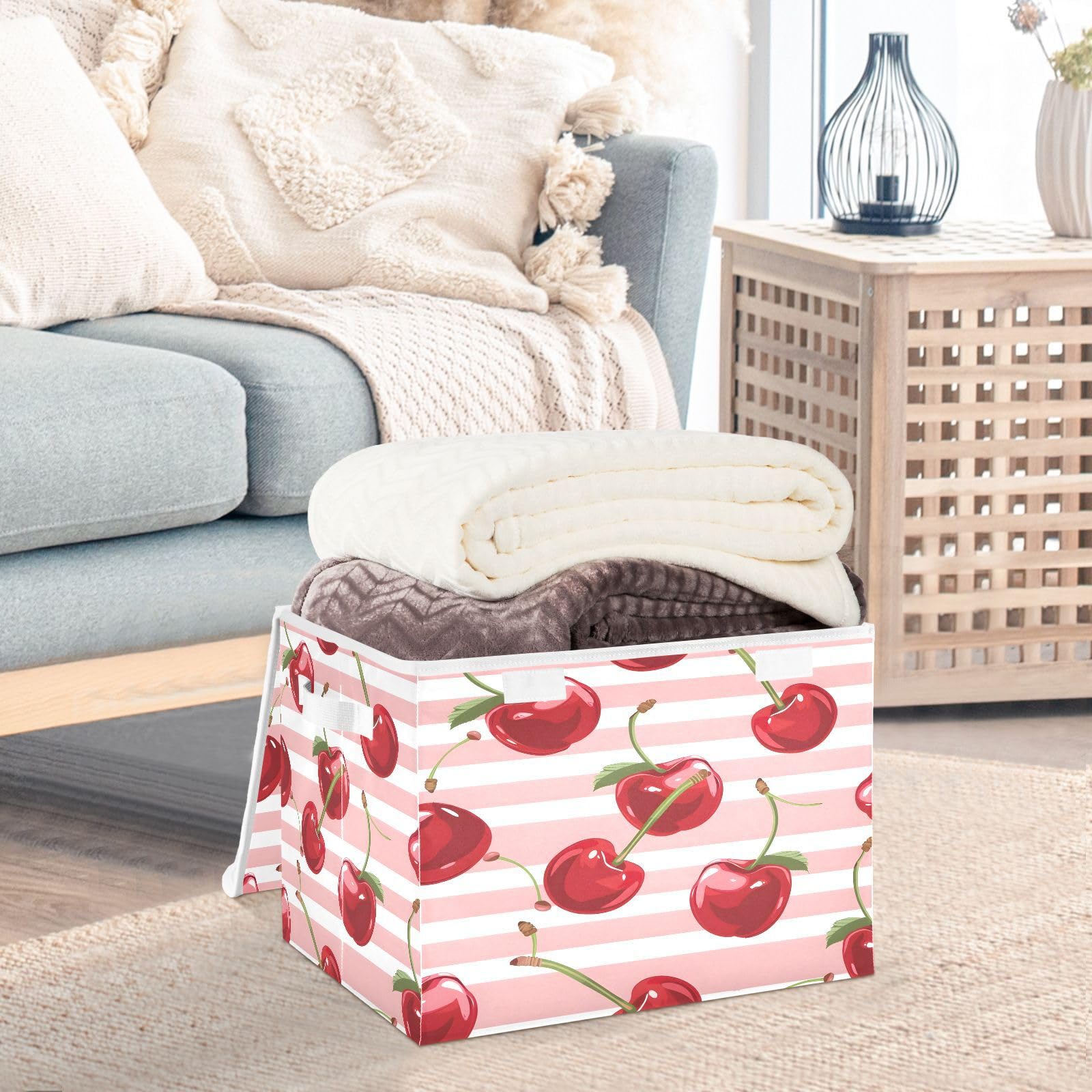 DALAWU Containers Baskets with Lids Christmas Cherry Fabric Foldable Storage Bins Organizer with Lid Collapsible Storage Boxes for Home Bedroom Closet Office