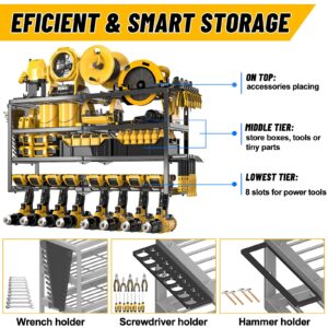 jsyonii Power Tool Organizer Wall Mount, 4 Layer Heavy Duty Metal Power Tool Storage Rack with 8 Drill Holders, Heavy Duty Metal Garage Tool Shelf with Wrench Hammer Pliers Screwdriver Holder