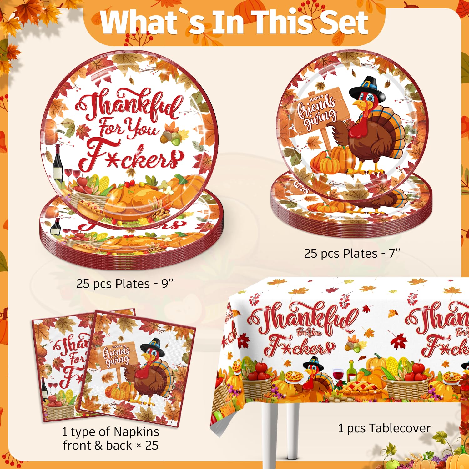 Thanksgiving Paper Plates and Napkins, Friendsgiving Party Decorations Plates Napkins Tablecloth Serving 25 Guests Thankful for You Funny Thanksgiving Friendsgiving Party Supplies Table Decorations