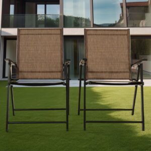 JRBIAOGE Patio Folding Chairs Set of 2, Outdoor Lawn Chairs with Rustproof Metal Frame, Portable Dining Chairs for Porch, Deck, Garden, Backyard, Camping（Brown）