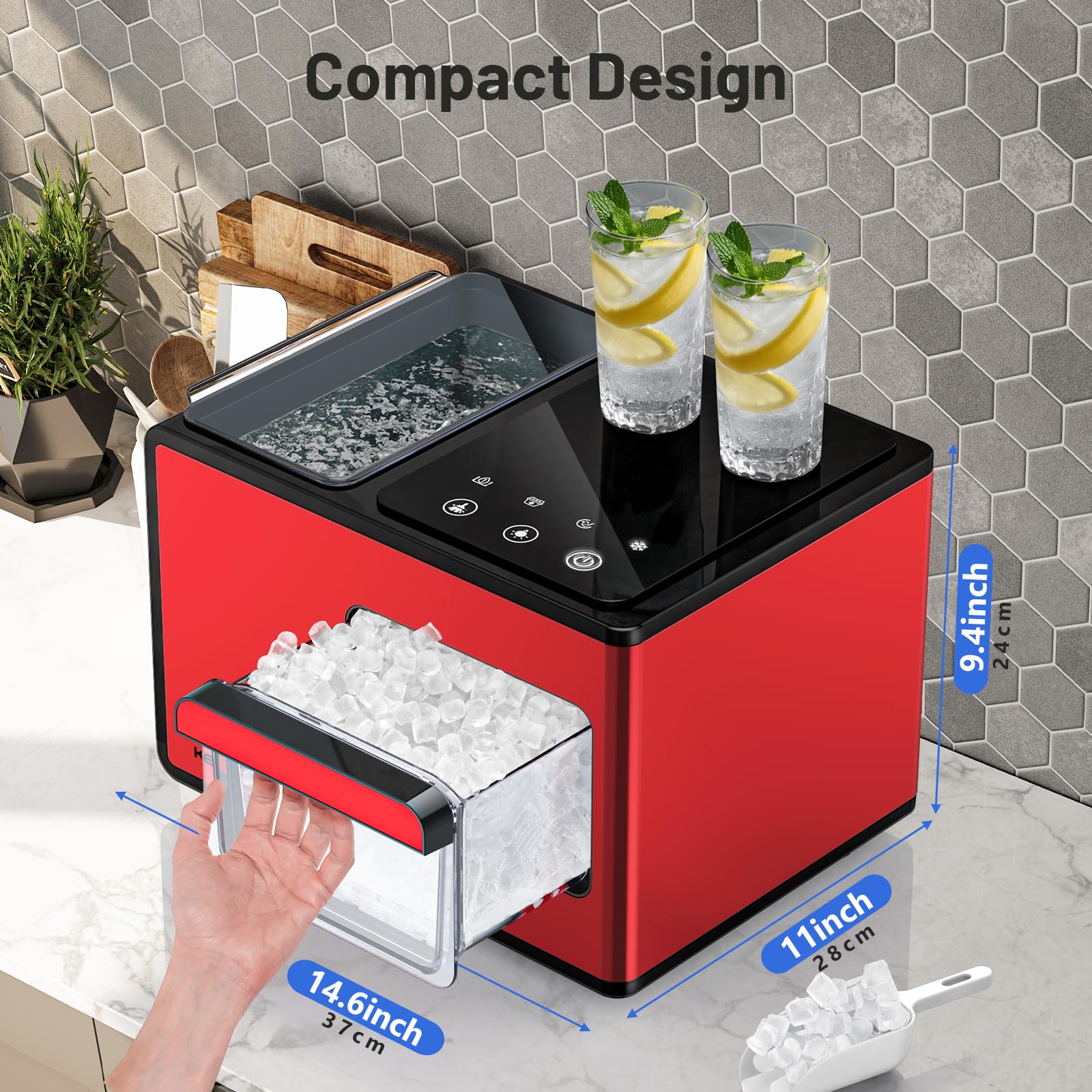 Nugget Ice Maker Countertop, 40lbs/24H, Pebble Ice Maker with Soft Chewable Ice, Self Cleaning Sonic Ice Machine, Stainless Steel w/Touch Screen, Compact Design for Home Office Bar Party- Red