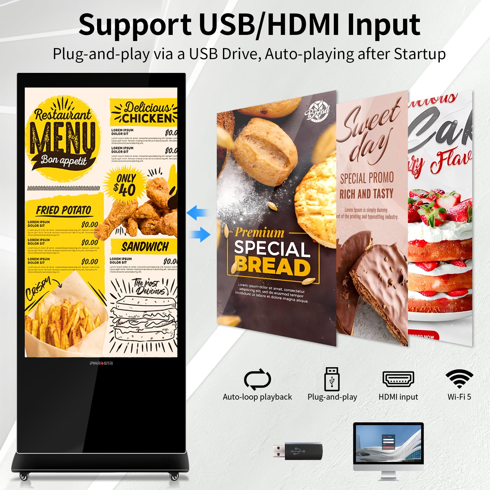 PWR4GTR 65 Inch Digital Signage Display and 55 Inch Touchscreen Kiosk Android 11.0 Commercial LCD Totem